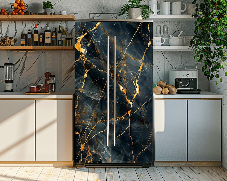 Black Marble Texture Cover Fridge Wrap: Waterproof Refrigerator Skin ...