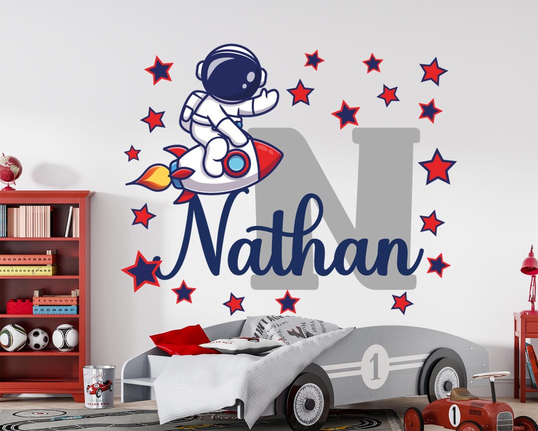 Custom Boy Name Astronaut on Rocket Wall Decal Kids: Personalized Space ...