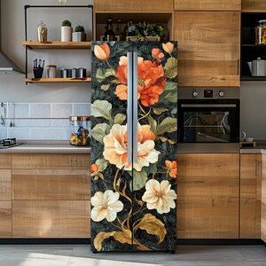 Floral Fridge Wrap, Vintage Dark Flowers Refrigerator Vinyl Decal ...
