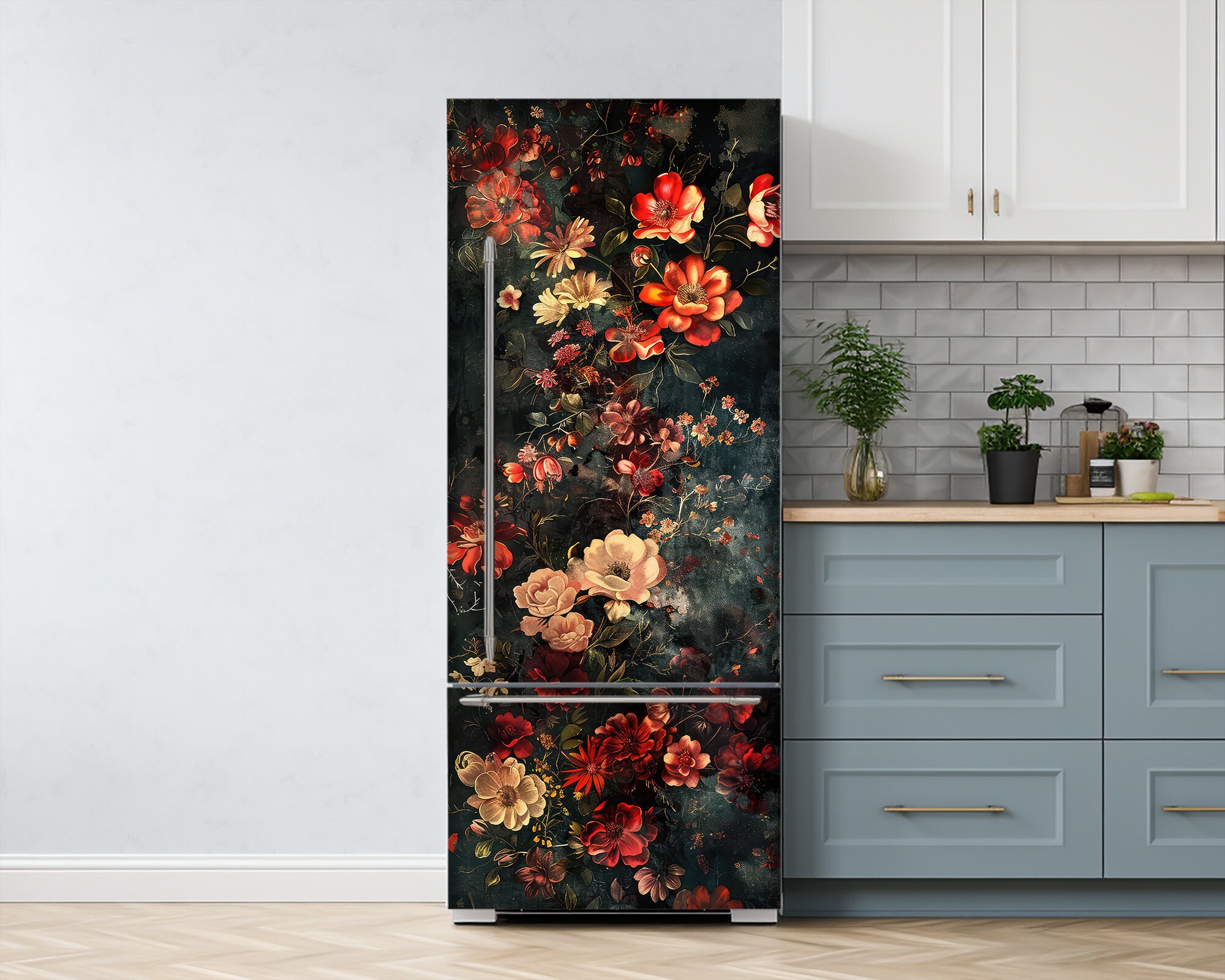 Floral Fridge Vinyl Decal, Watercolor Vintage Puttons, Refrigerator ...