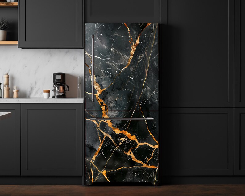 Black Marble Fridge Cover, Marble Fridge Door Decal, Marble ...