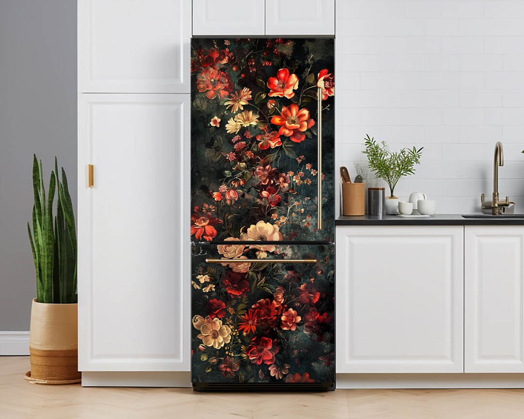 Floral Fridge Vinyl Decal, Watercolor Vintage Puttons, Refrigerator ...