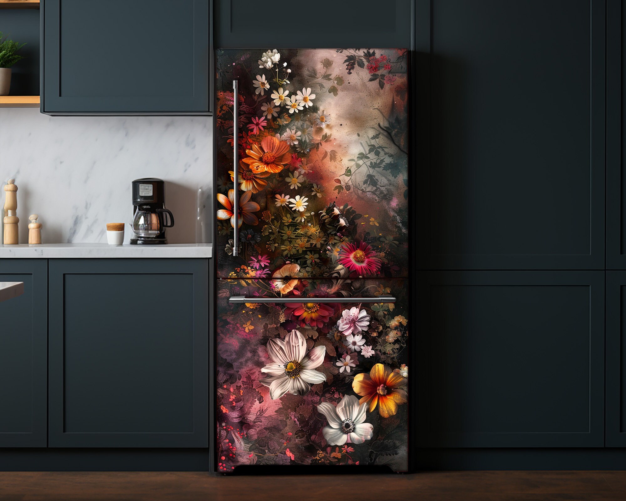 Floral Fridge Vinyl Wrap, Watercolor Vintage Flowers, Refrigerator ...
