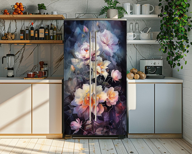 Floral Fridge Vinyl Wrap, Watercolor Vintage Flowers, Refrigerator ...