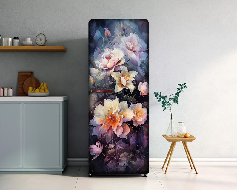 Floral Fridge Vinyl Wrap, Watercolor Vintage Flowers, Refrigerator ...