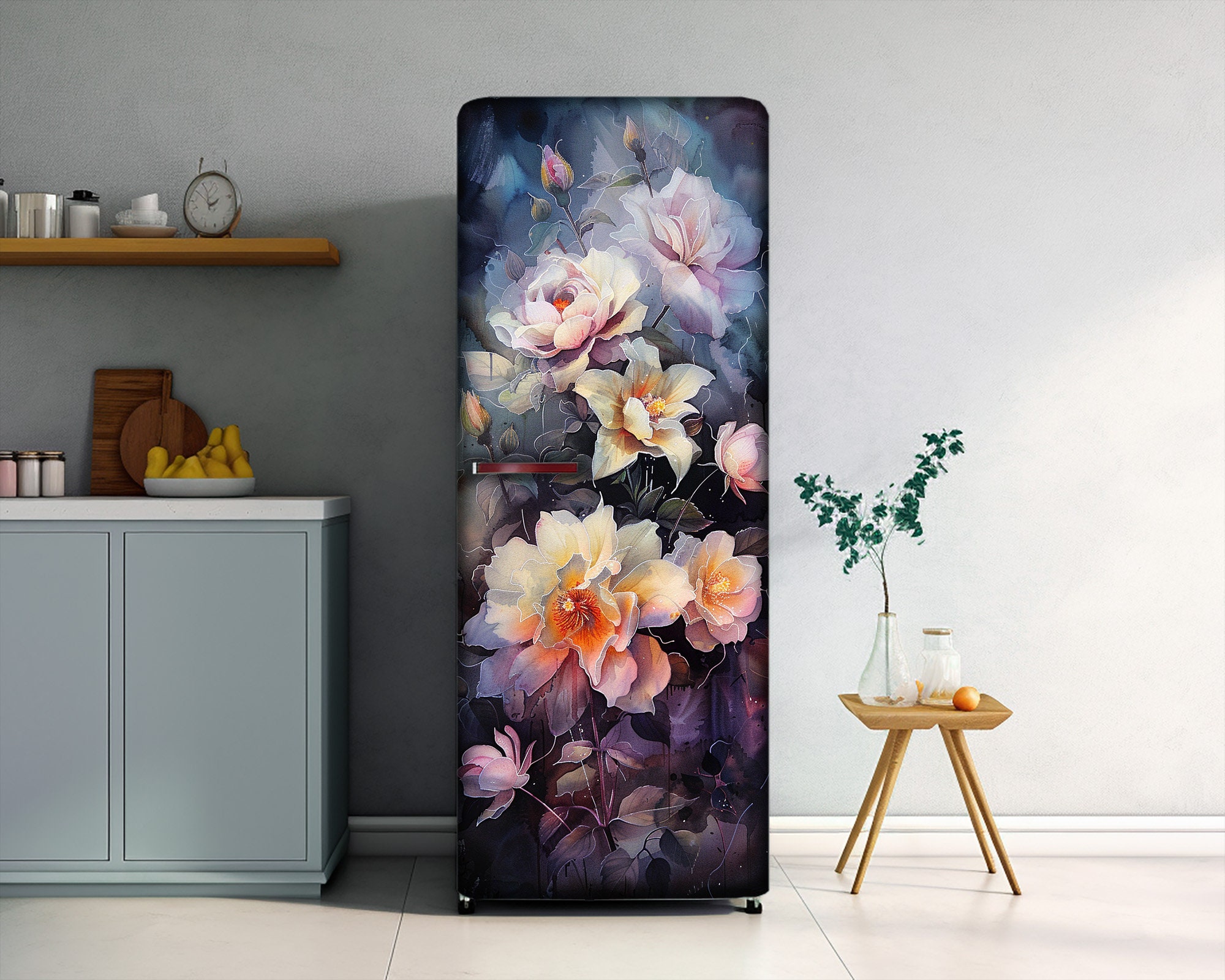 Floral Fridge Vinyl Wrap, Watercolor Vintage Flowers, Refrigerator ...