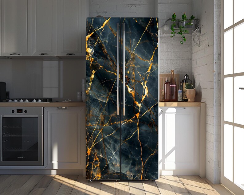 Black Marble Texture Cover Fridge Wrap: Waterproof Refrigerator Skin ...