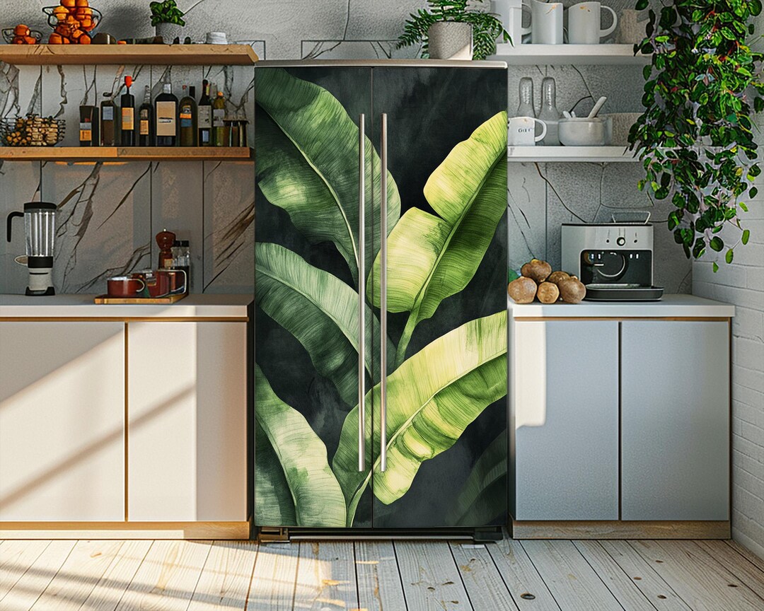 Tropical Leaves Fridge Vinyl Decal, Green Leaves Refrigerator Wrap ...