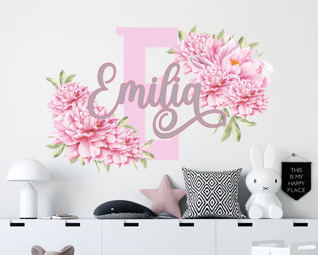 Pink Peonies With Desired Name Wall Sticker Children's - Etsy