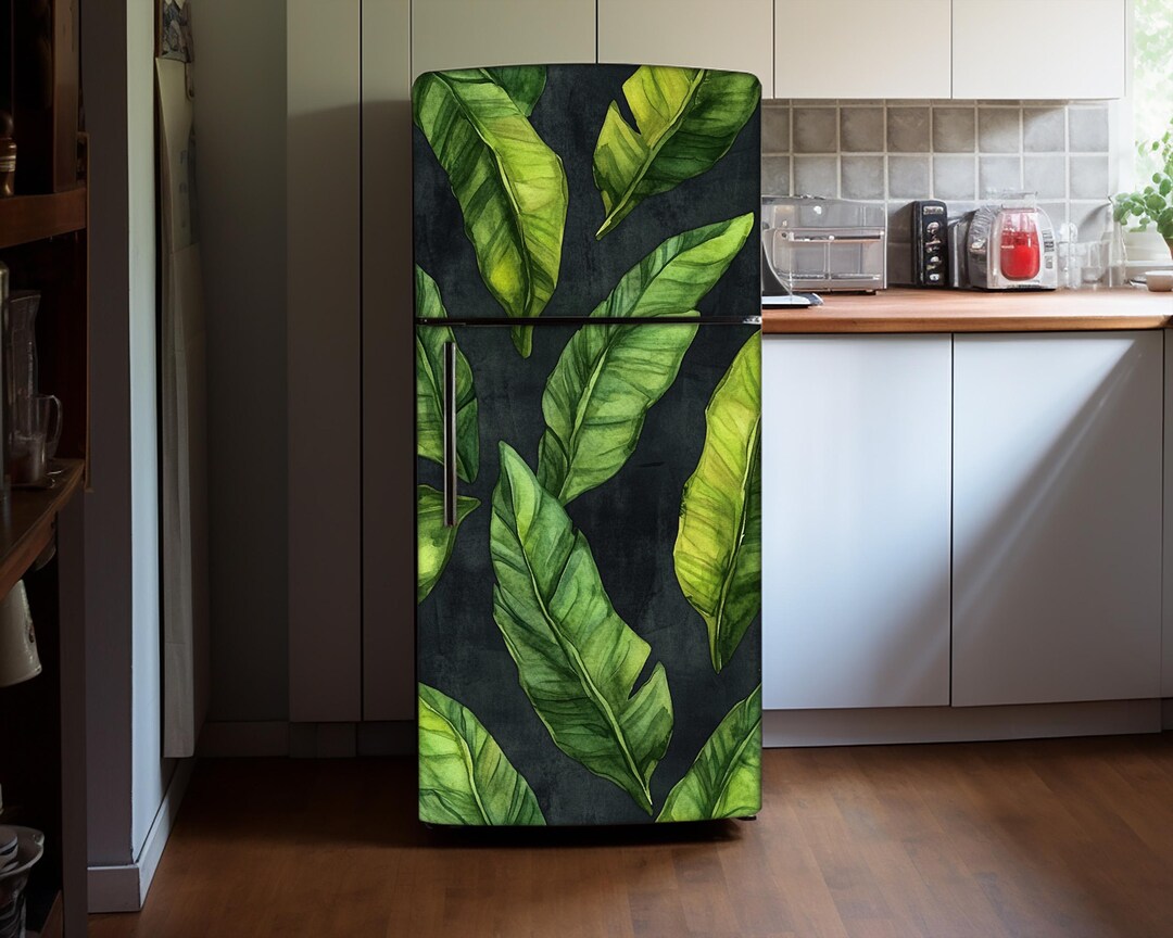 Palm Leaves Fridge Vinyl Wrap, Dark Tropical Design Refrigerator Decal ...