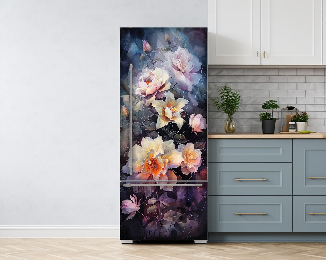 Floral Fridge Vinyl Wrap, Watercolor Vintage Flowers, Refrigerator ...