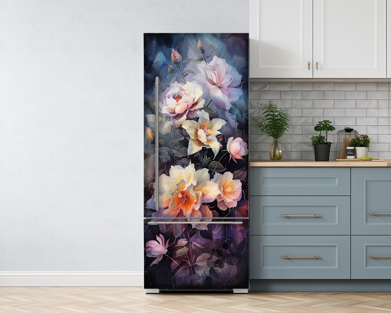 Floral Fridge Vinyl Wrap, Watercolor Vintage Flowers, Refrigerator ...