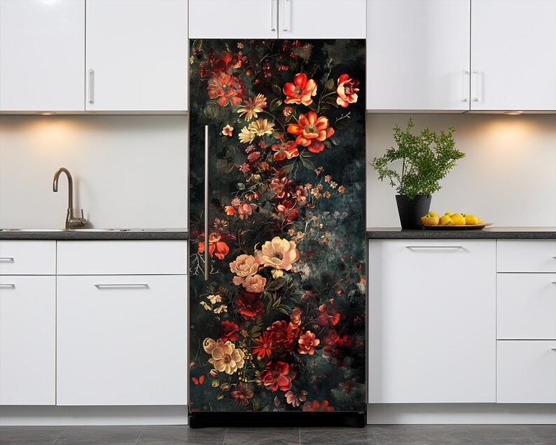 Floral Fridge Vinyl Decal, Watercolor Vintage Puttons, Refrigerator ...