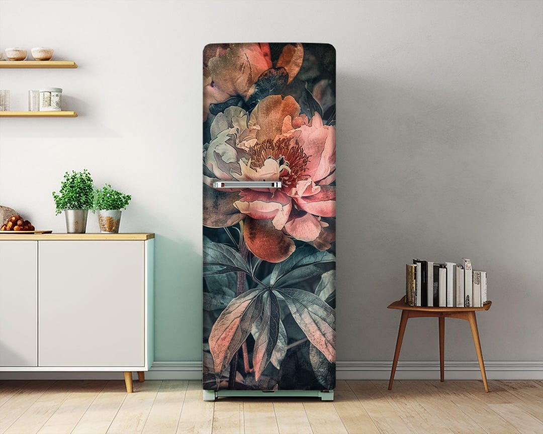 Vintage Peony Flowers Fridge Vinyl Decal, Floral Refrigerator Wrap ...