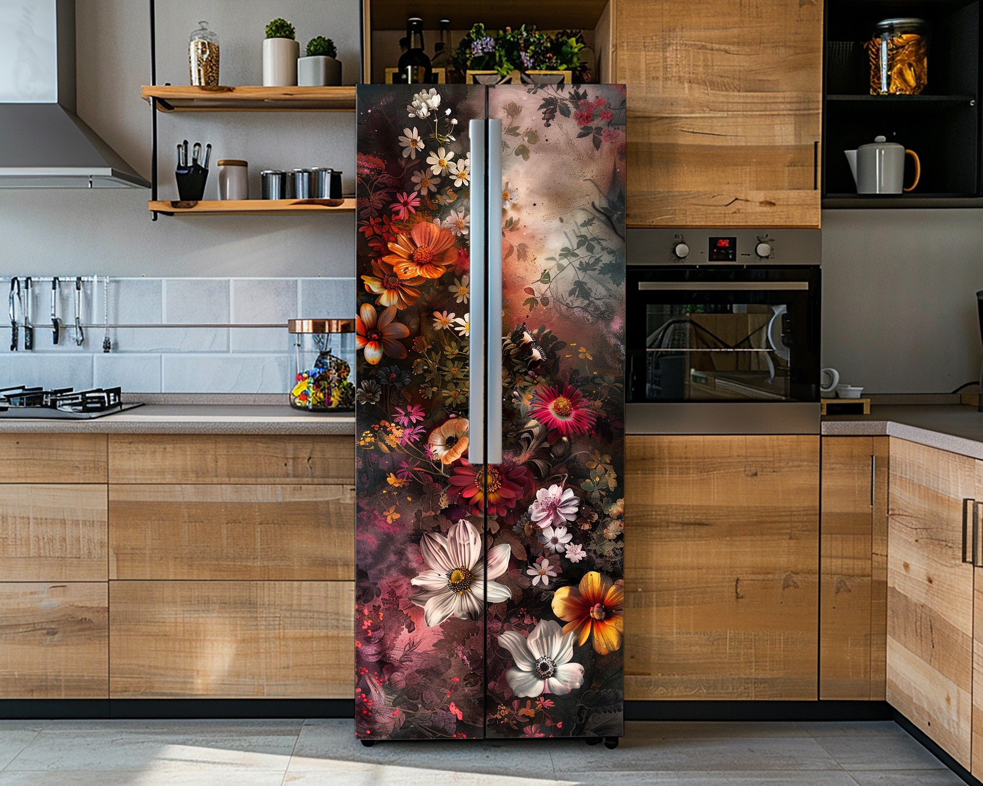 Floral Fridge Vinyl Wrap, Watercolor Vintage Flowers, Refrigerator ...