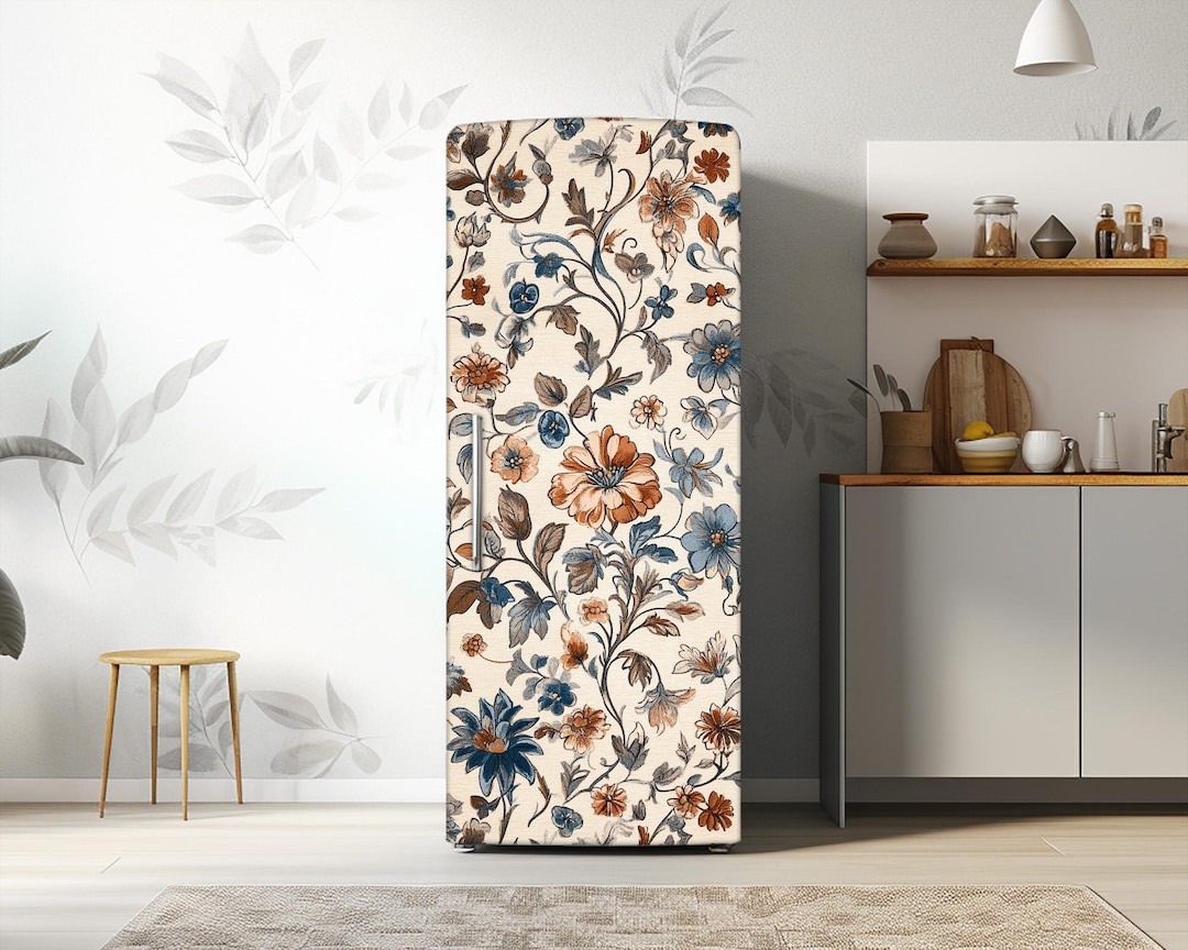 Floral Fridge Vinyl Wrap, Vintage Flowers Pattern, Floral Refrigerator ...