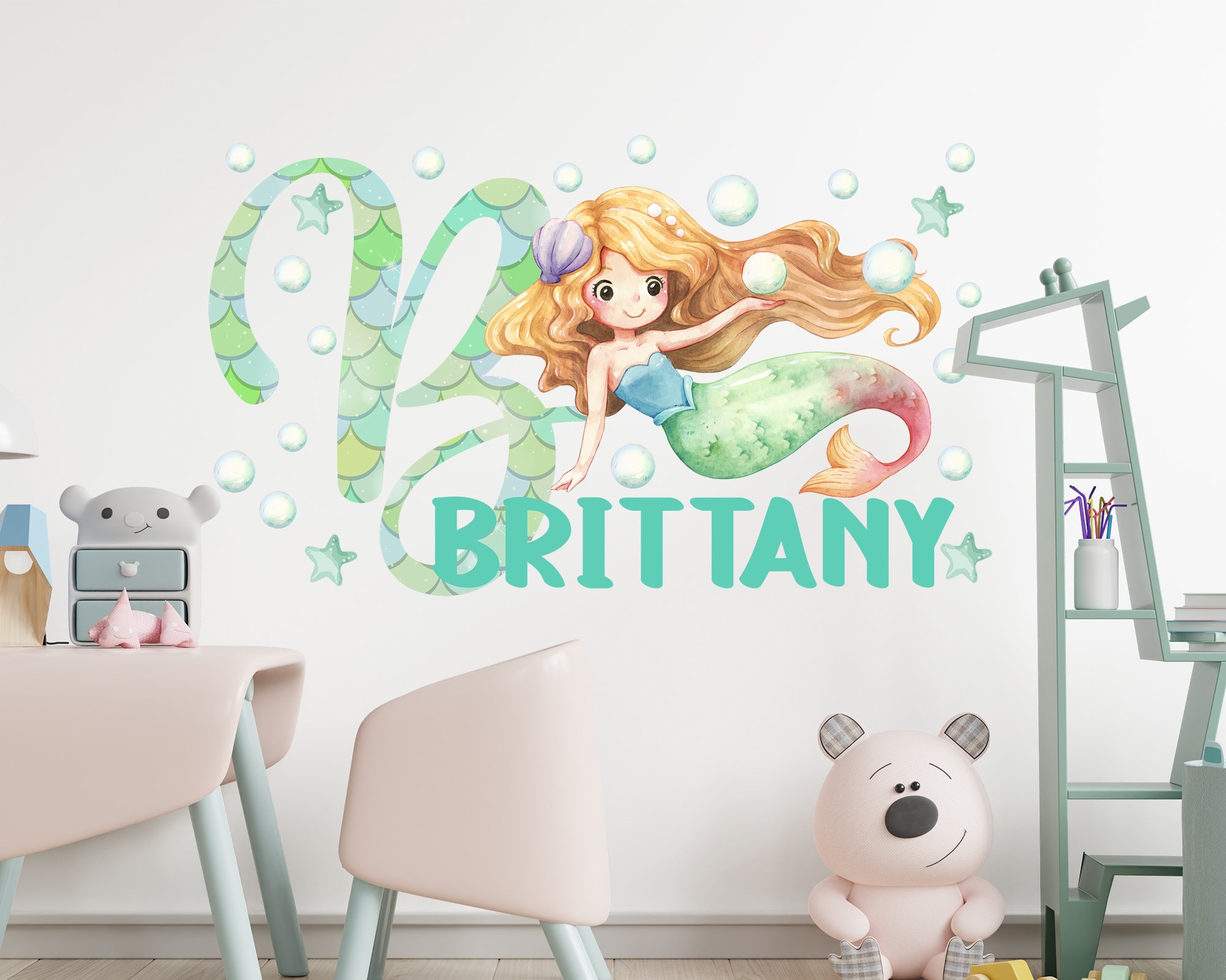Watercolor Mermaid Name Wall Decal: Ocean Nursery Decor - Etsy
