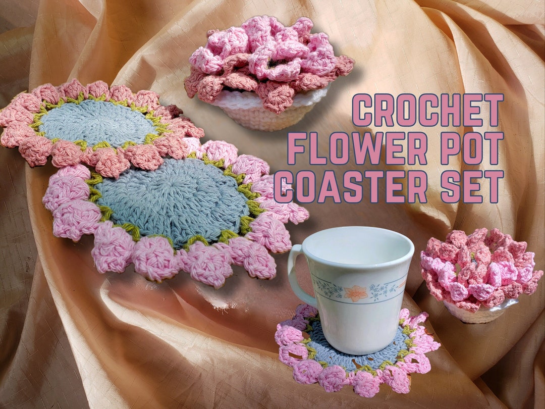 Flower Pot Coasters , Floral Crochet Coasters, Cotton Crochet Coasters ...
