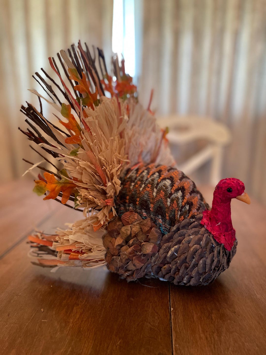 Rustic Fall Turkey Centerpiece – Natural Pinecone & Raffia Thanksgiving ...