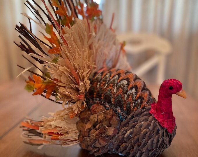 Rustic Fall Turkey Centerpiece – Natural Pinecone & Raffia Thanksgiving ...