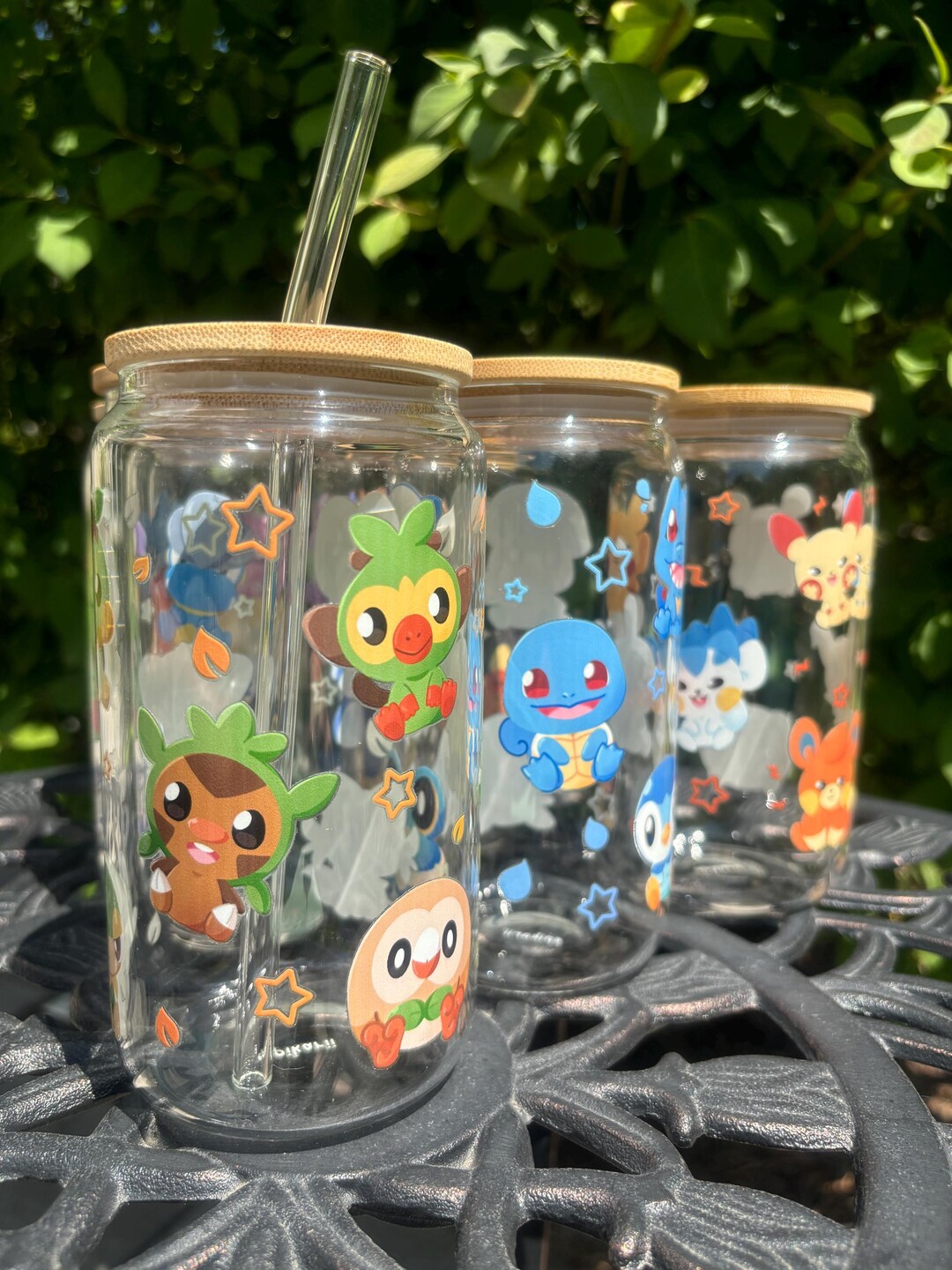 Pokemon Grass Fire Water Starters Glass Cup With Bamboo Lid and Straw ...