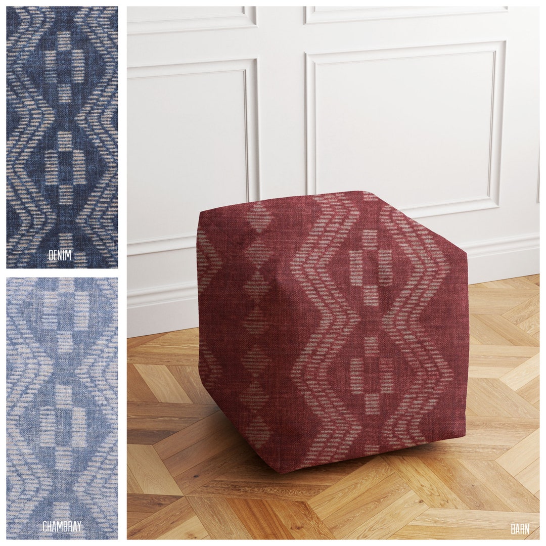 Red and White Boho Pouf Ottoman, Denim Pouf Ottoman, Blue Boho Pouf ...