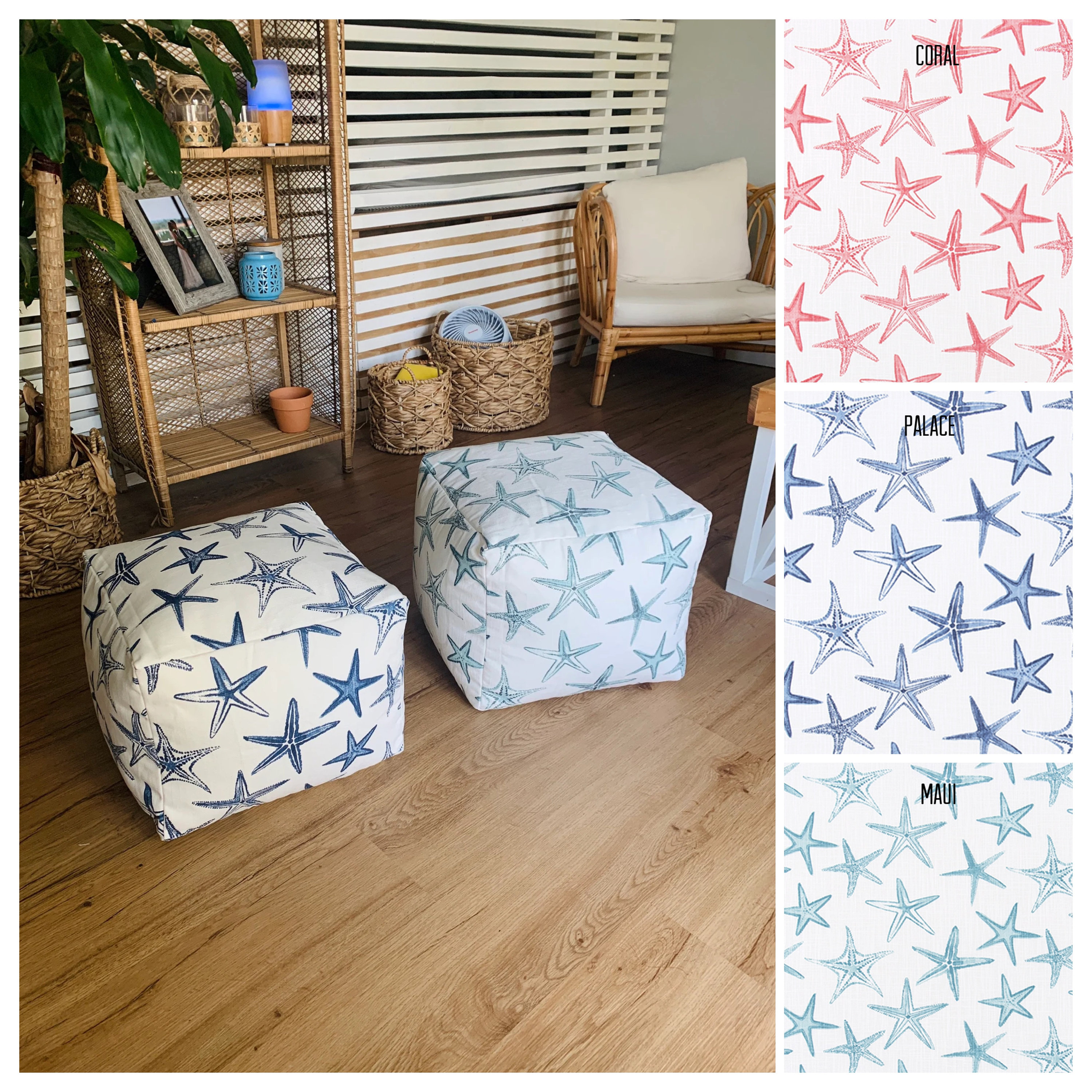 Shell Pouf Ottoman Starfish Pouf Coastal Pouf Ottoman Beach Decor Blue and White Pouf Pink and White Pouf Removable Pouf Cover Etsy