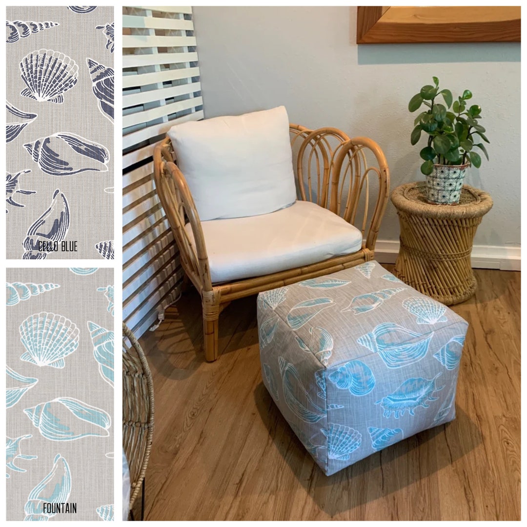 Shells Pouf Ottoman: Beige & Blue Coastal Decor, Washable Cover - Etsy