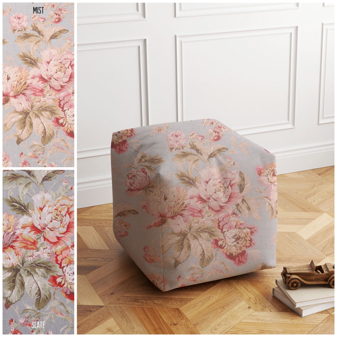 Floral Pouf Ottoman, Removable and Washable Pouf Cover, Pink and Grey ...