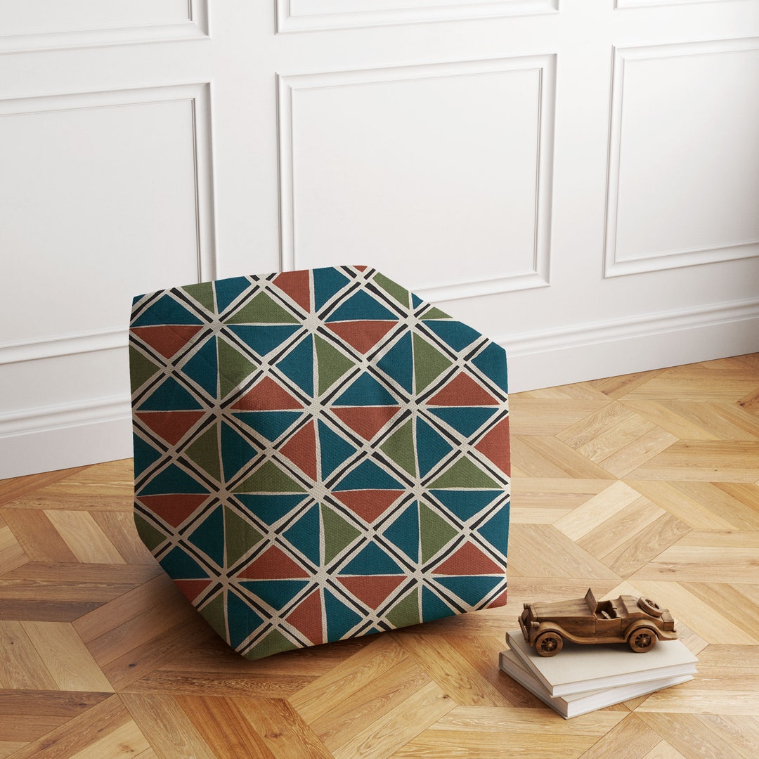 Blue Green and Red Triangle Pattern Pouf Ottoman, Retro Pouf, Retro ...