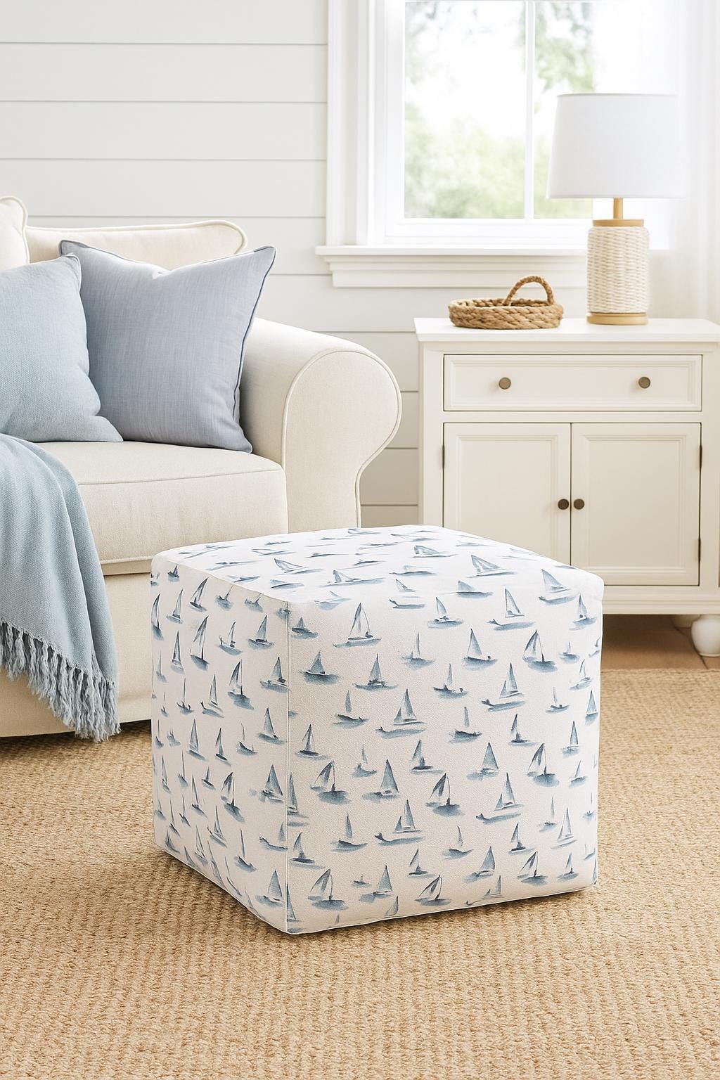Blue Sailboat Coastal Pouf Ottoman: Removable Washable Cover - Etsy