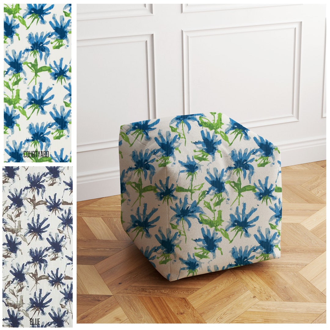 Washable Pouf Cover, Blue and Green Floral Pouf Ottoman, Blue and Brown ...