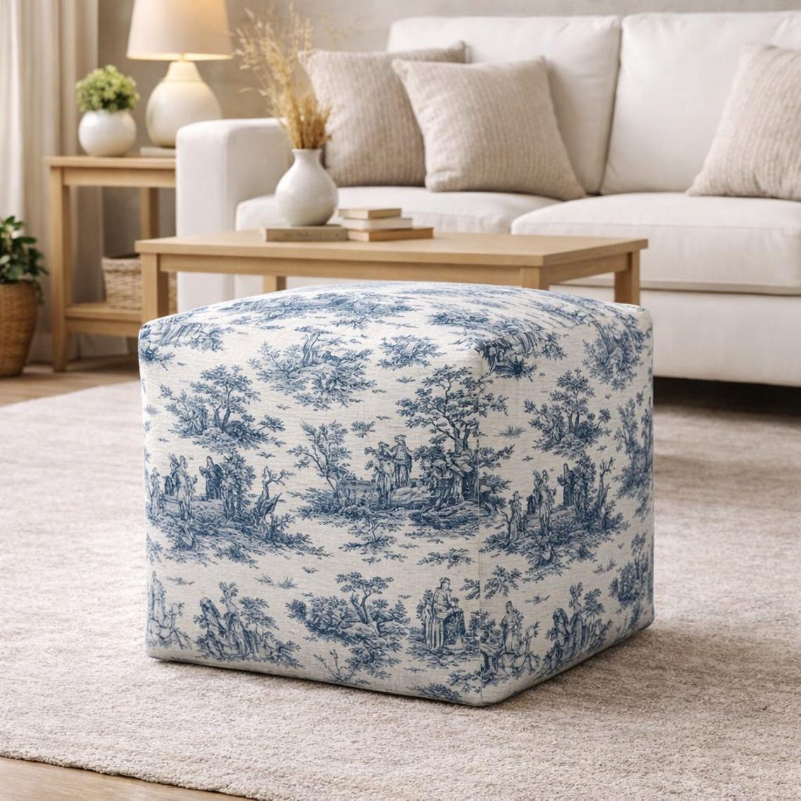 Toile Pouf Ottoman: Blue & Cream Colonial Decor, Washable Cover - Etsy