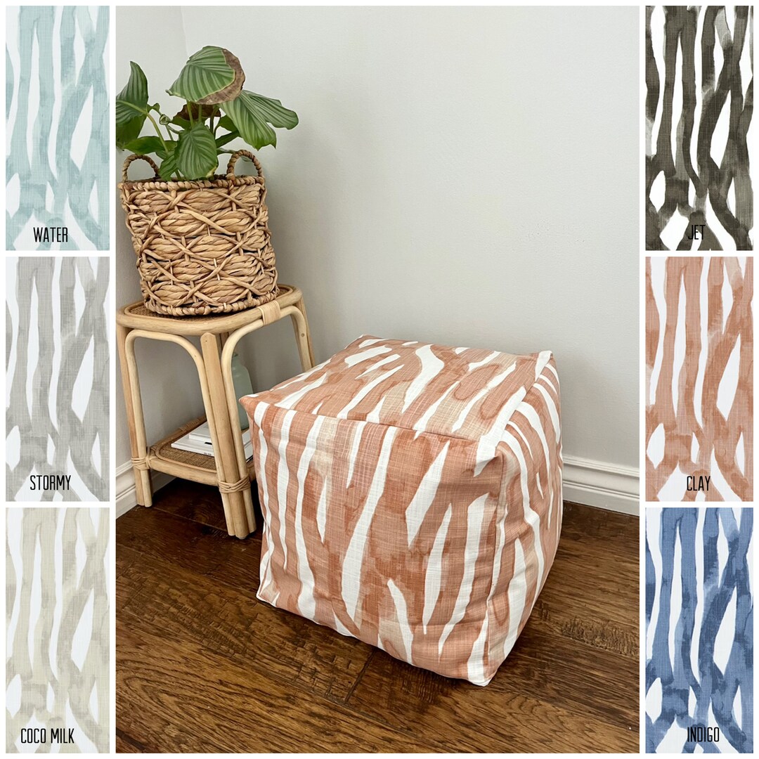 Thick Striped Pouf Ottoman, Tie-dye Style Pouf, Blue and White, Beigel ...