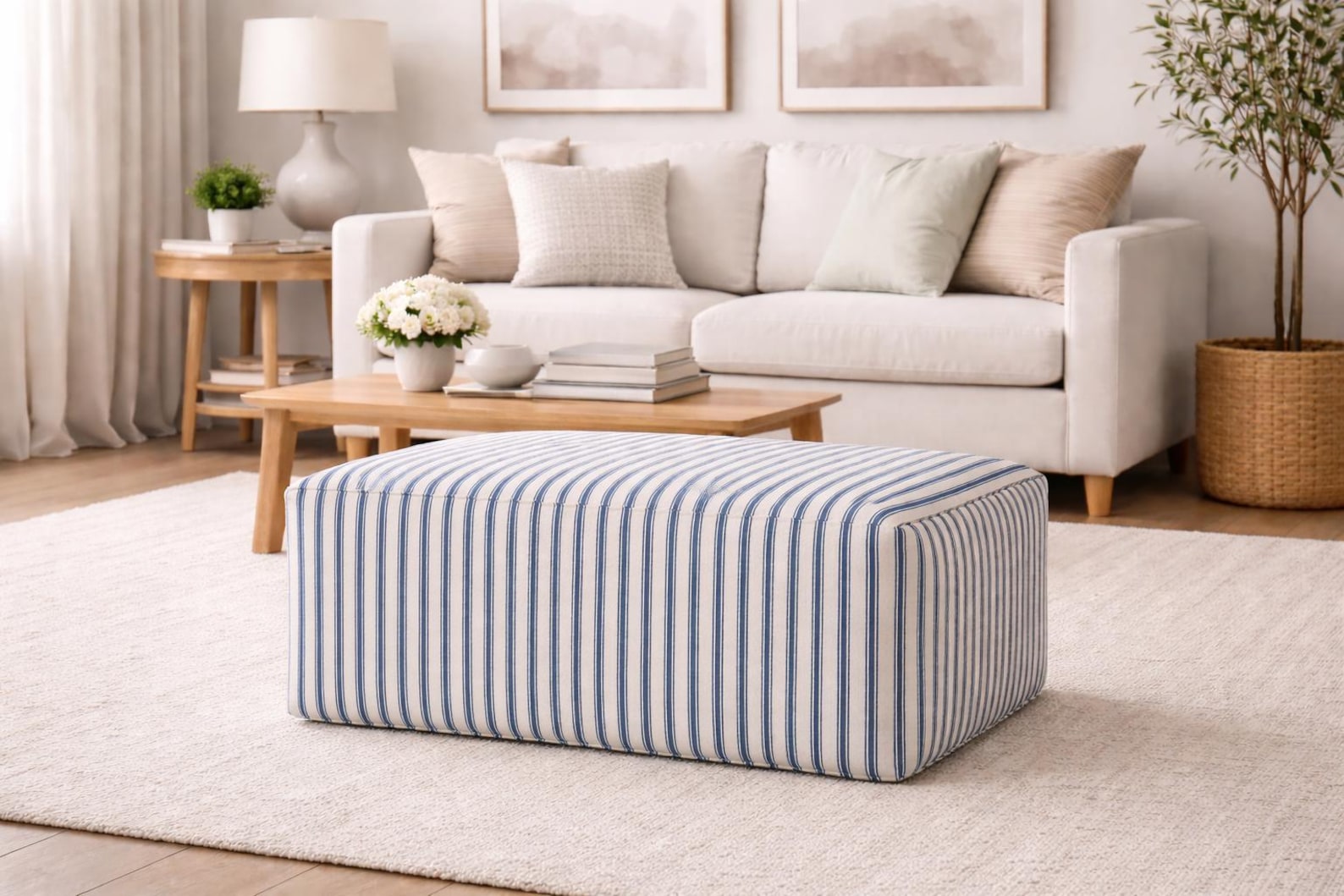 Large Rectangle Ticking Striped Blue Pouf Ottoman: Handmade Cover ...