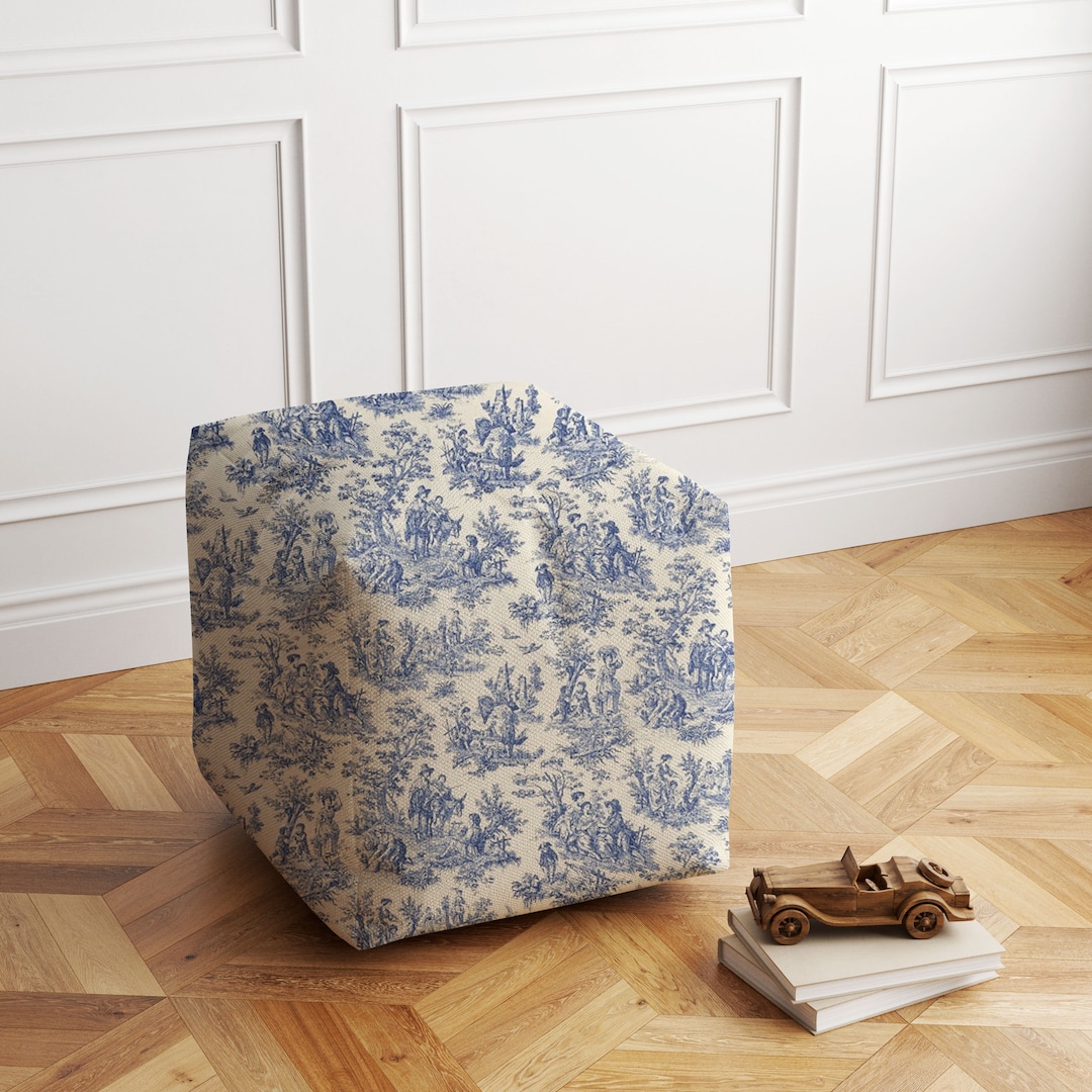 Toile Pouf Ottoman: Blue & Cream Colonial Decor, Washable Cover - Etsy