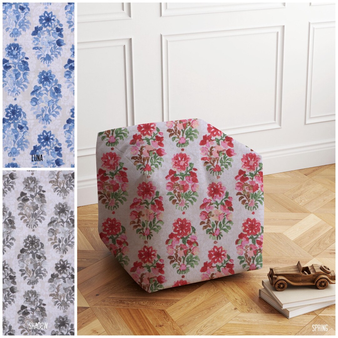 Floral Block Print Pouf, Red Pink and Green Floral Pouf, Blue Floral ...