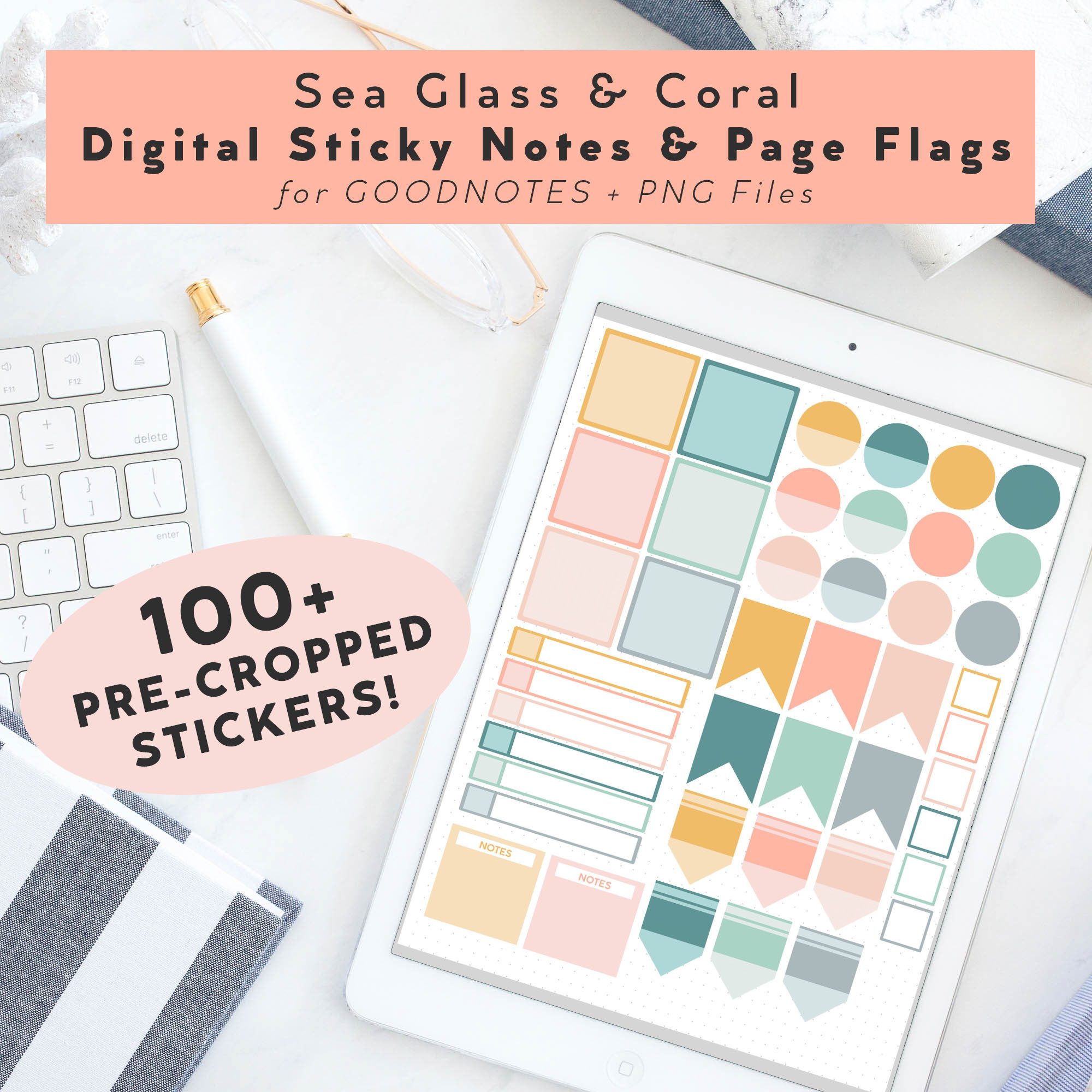 Sea Glass and Coral Digital Notes and Page Flags Goodnotes Stickers ...