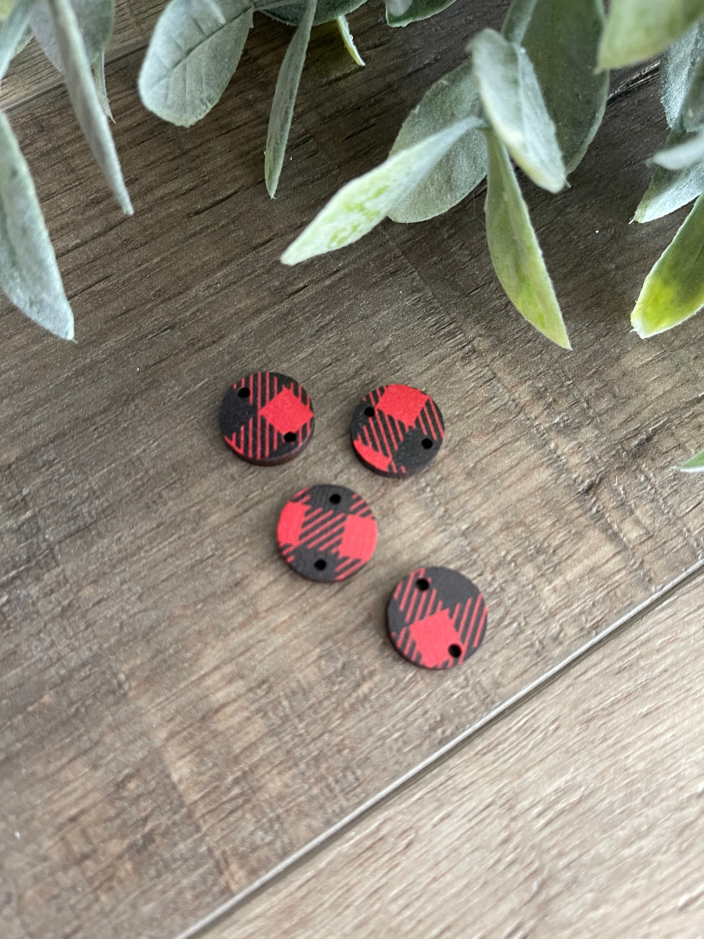 Red Buffalo Plaid Circle Wooden Findings Blanks Supplies-2 Hole (5pair ...