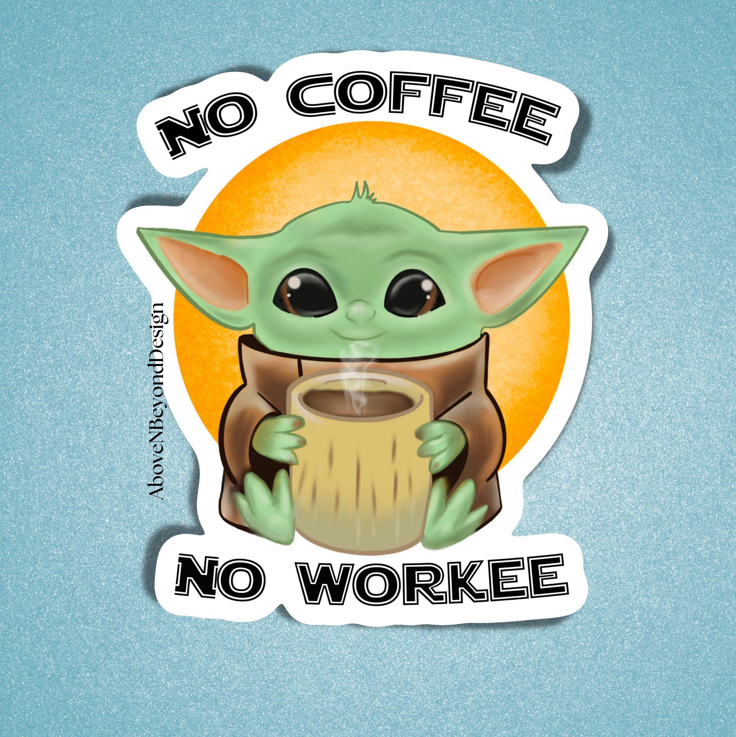 Baby Yoda grogu With Coffee Waterproof Vinyl Sticker, Mandalorian, the ...