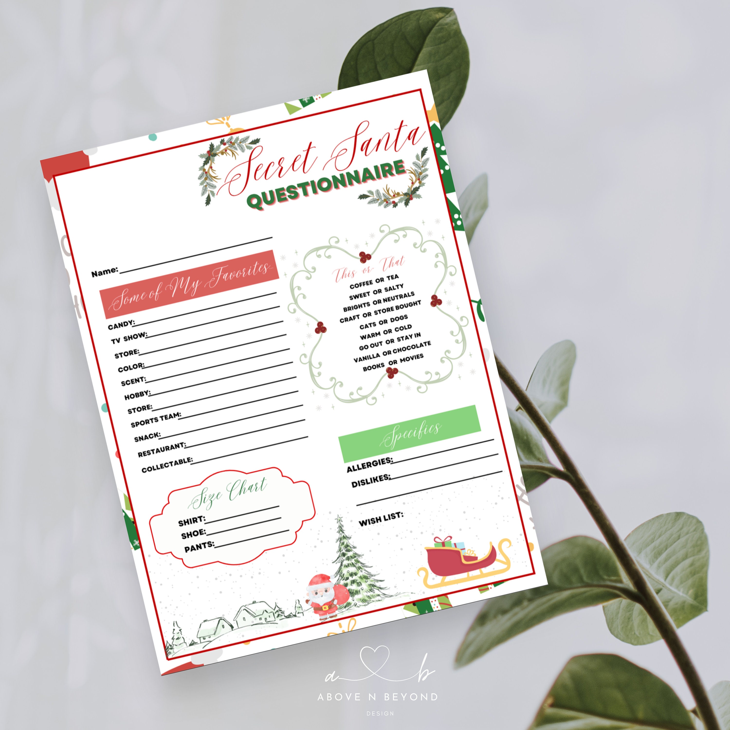 Digital Download Printable Secret Santa Questionnaire PDF - Etsy