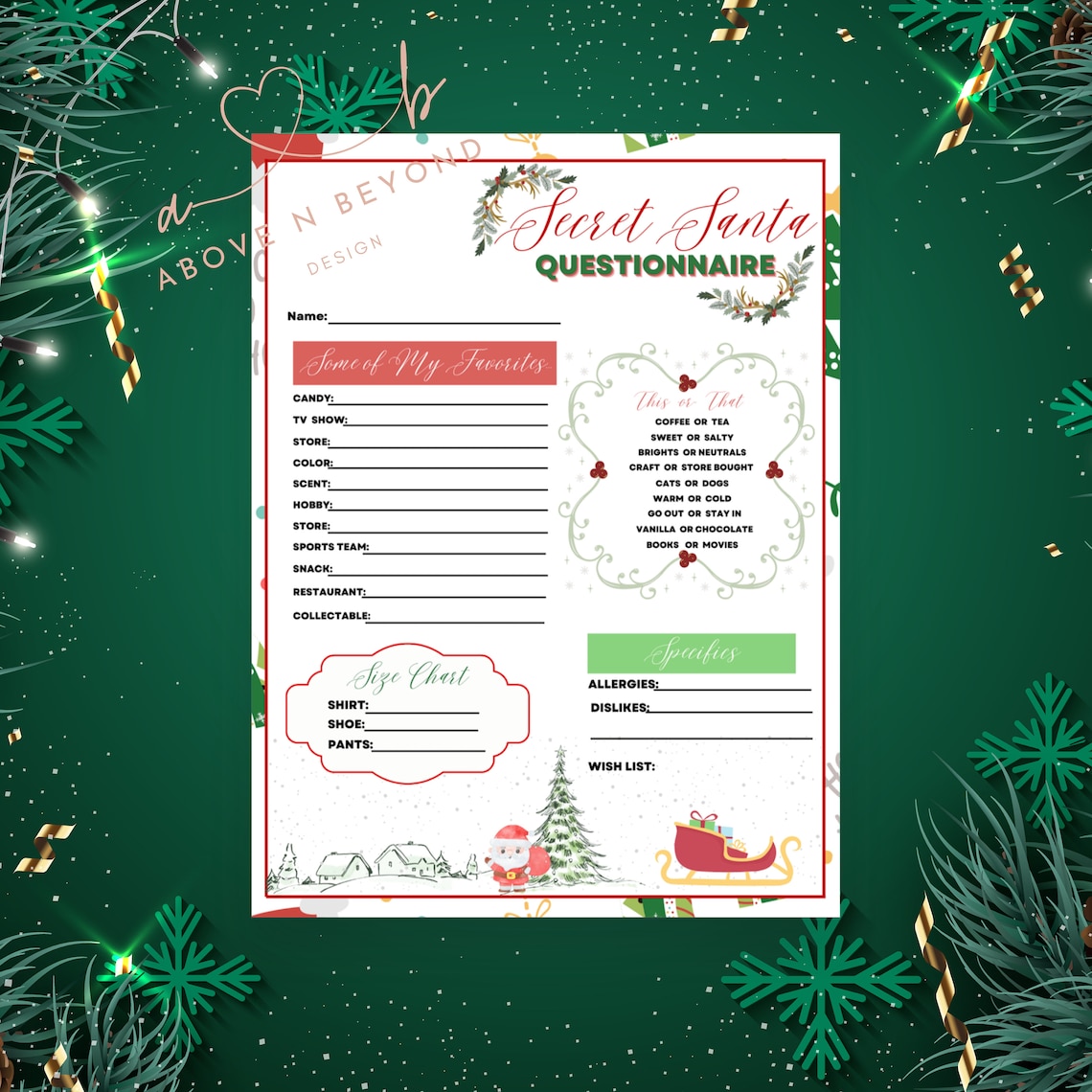Digital Download Printable Secret Santa Questionnaire PDF - Etsy