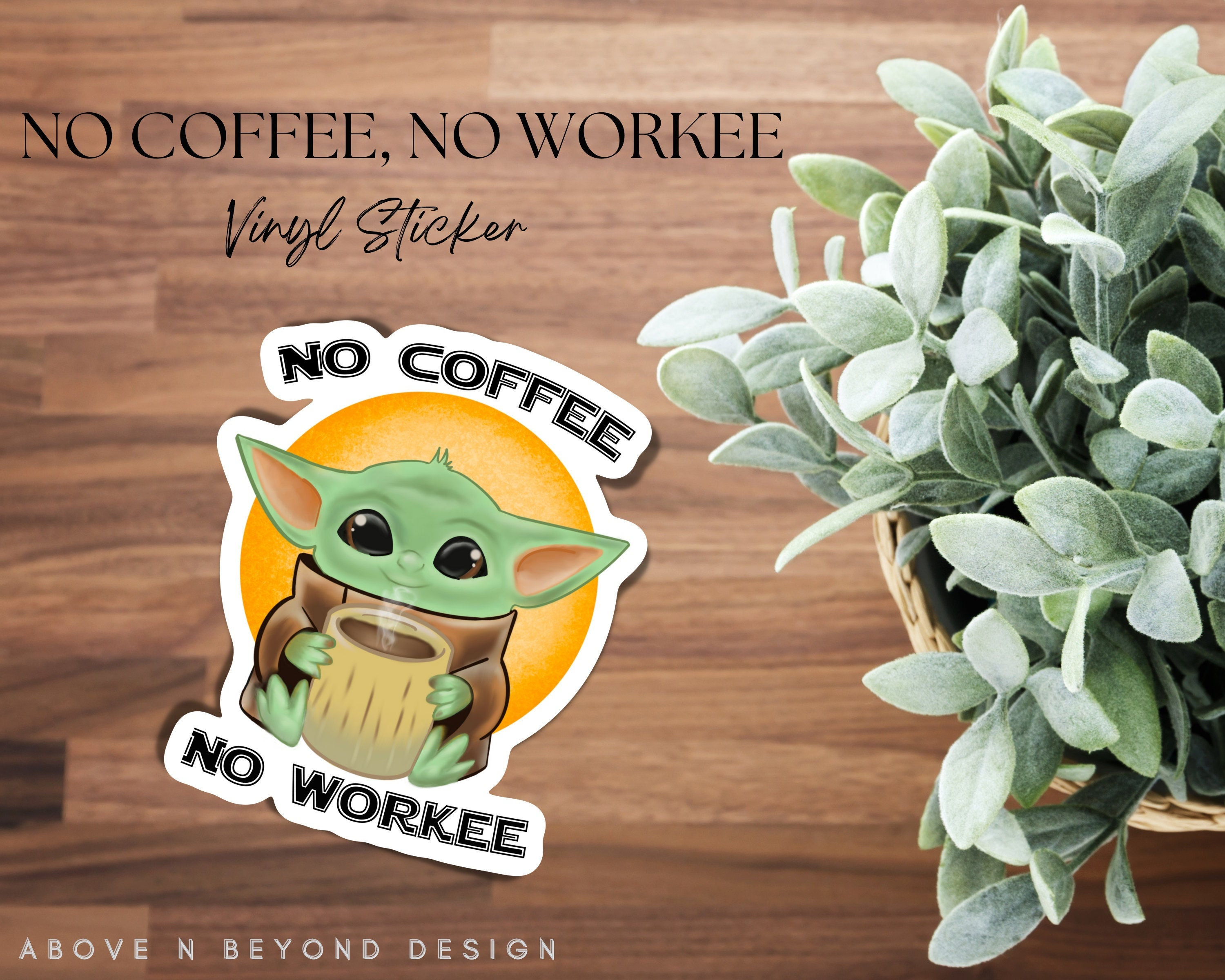 Baby Yoda grogu With Coffee Waterproof Vinyl Sticker, Mandalorian, the ...