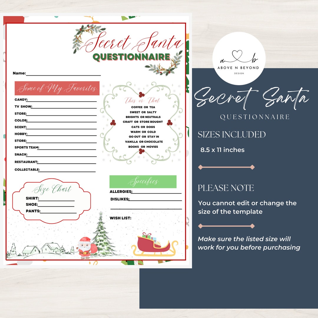 Digital Download | Printable Secret Santa Questionnaire PDF| Christmas ...