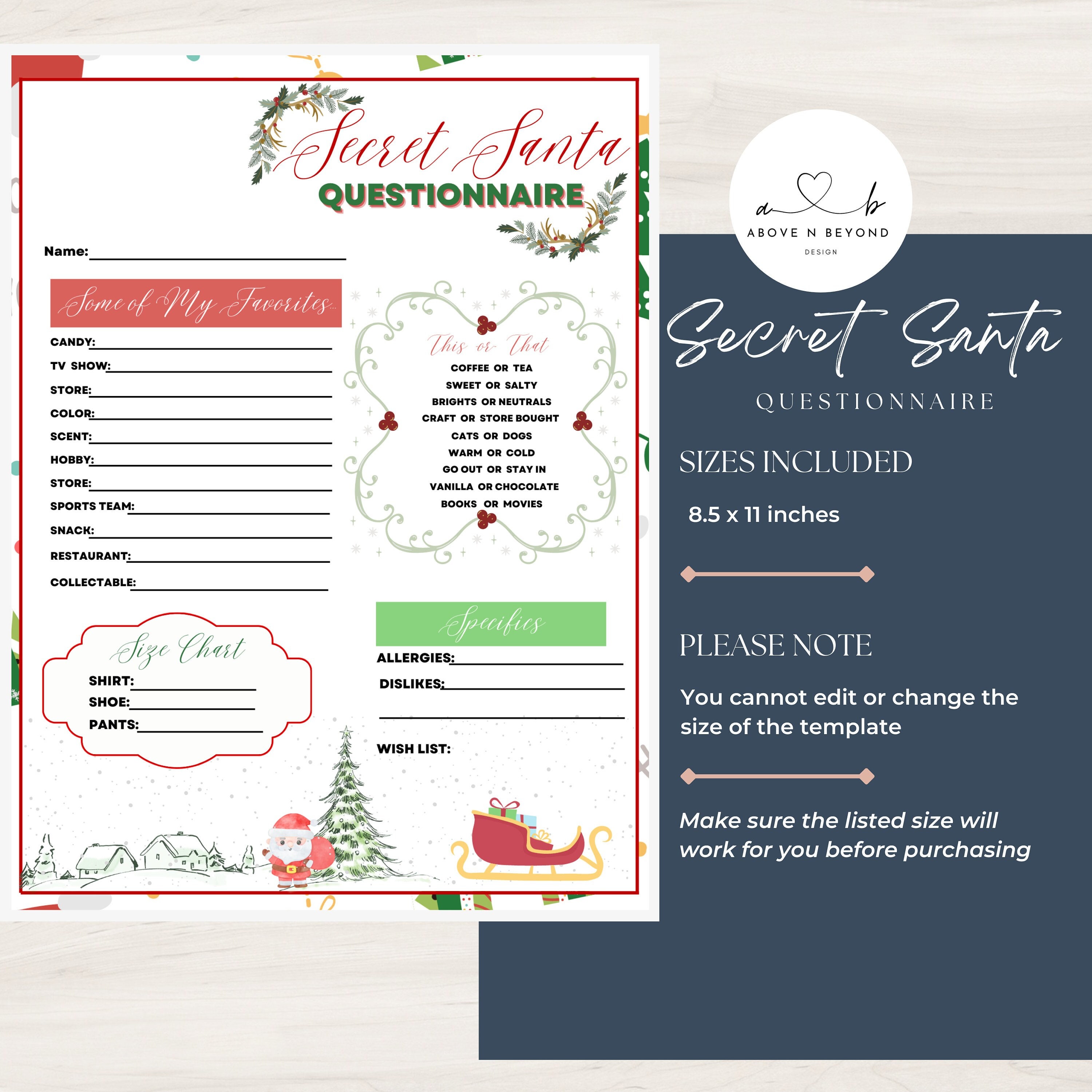 Digital Download | Printable Secret Santa Questionnaire PDF| Christmas ...