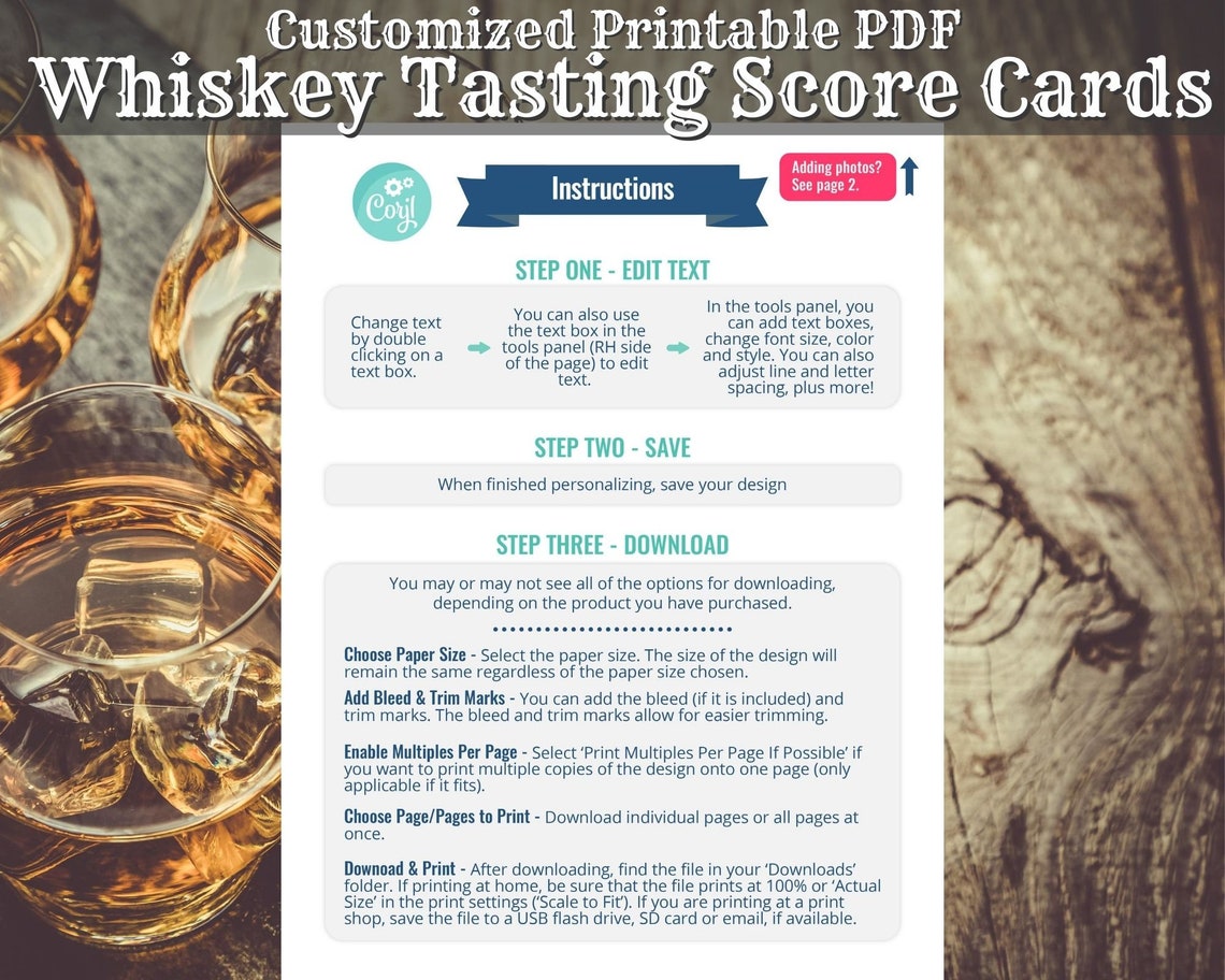 Editable Whiskey Tasting Score Card Printable PDF 8.5x11" and 8x10" for ...