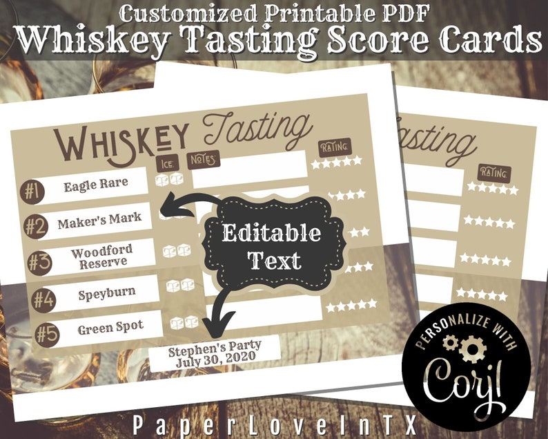 Editable Whiskey Tasting Score Card Printable PDF 8.5x11" and 8x10" for ...