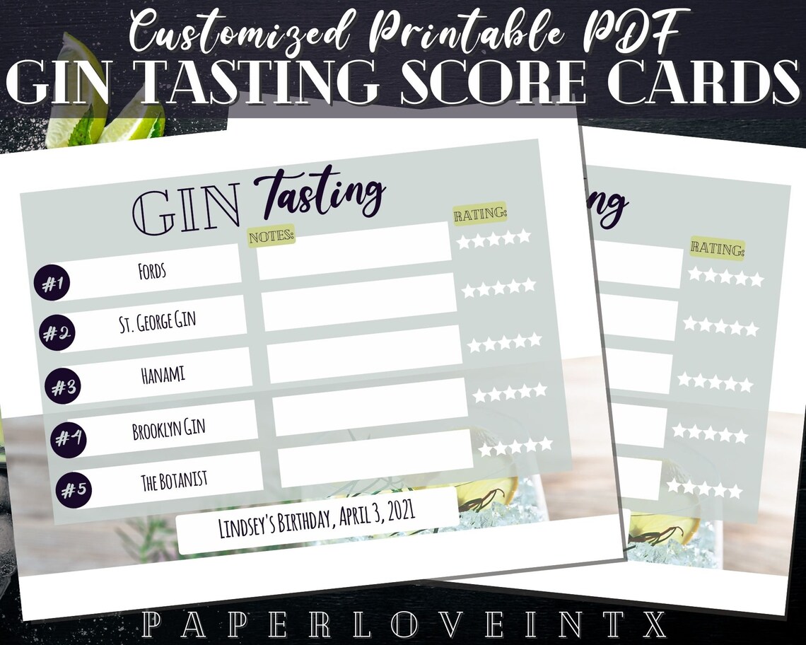 Editable Gin Tasting Score Card Printable PDF Digital Download 8.5x11 ...