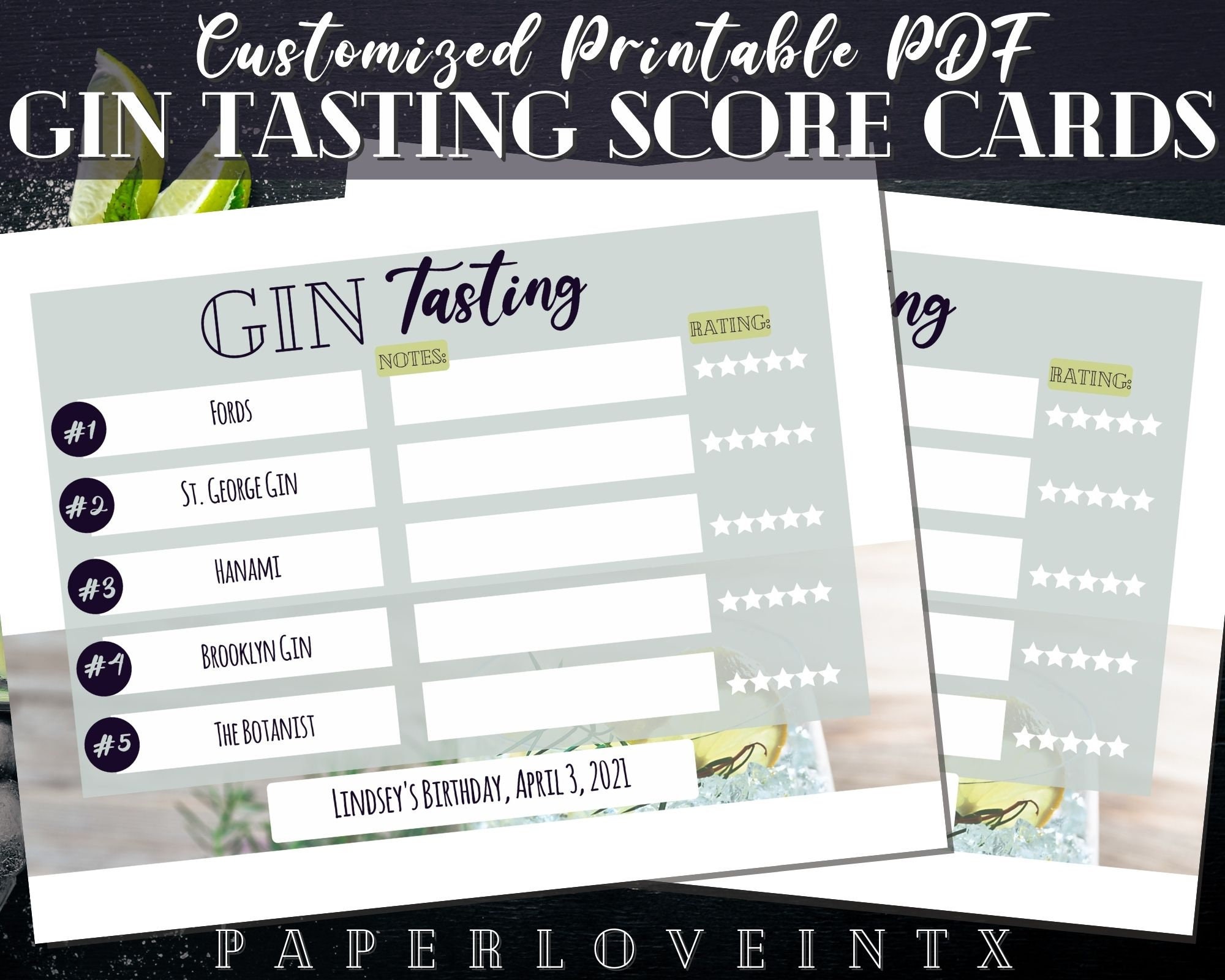 Editable Gin Tasting Score Card Printable PDF Digital Download 8.5x11 ...