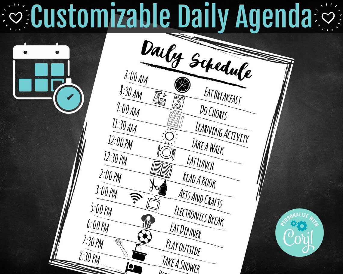 Customizable Home Schooling Printable Daily Agenda With Icons for Kids ...